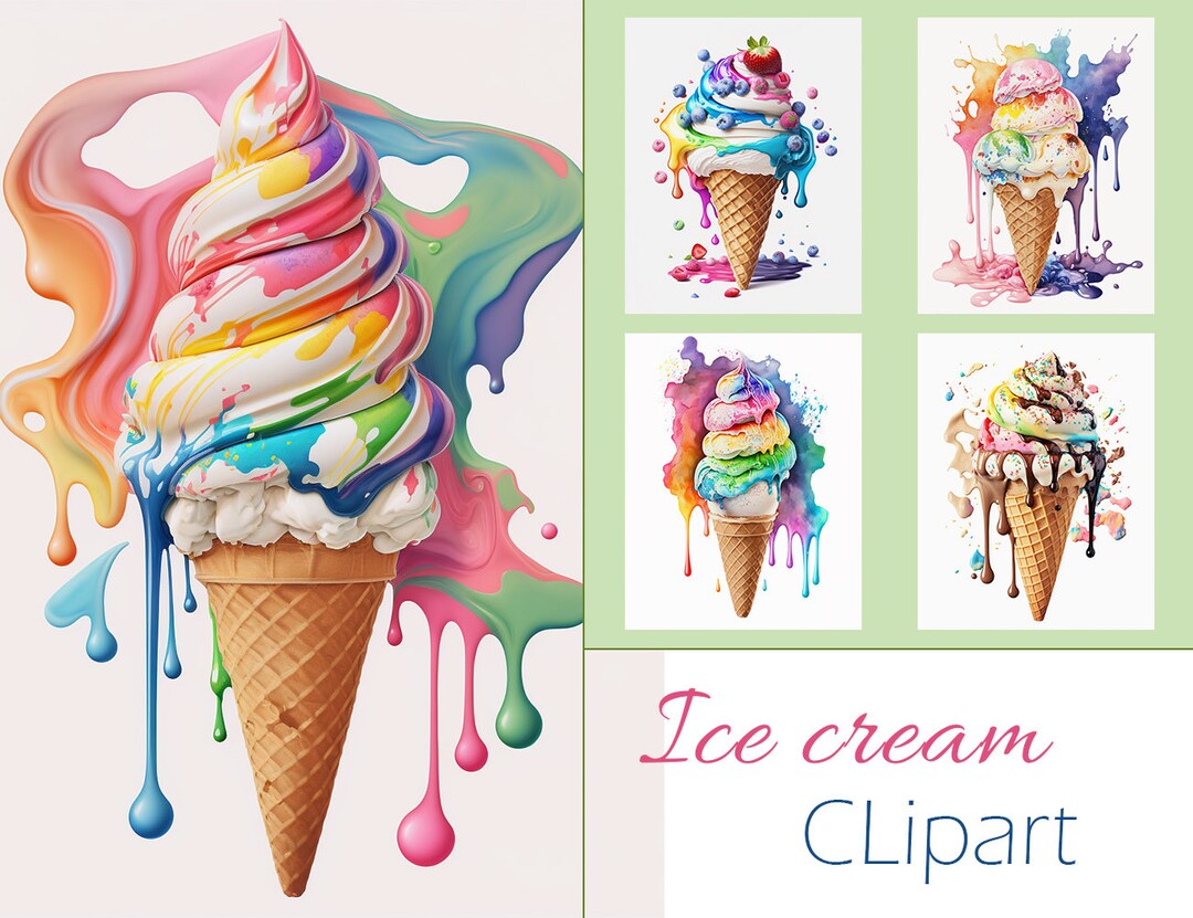 Watercolor Summer Ice Cream Clipart on White Background 10 JPEG, Wall ...