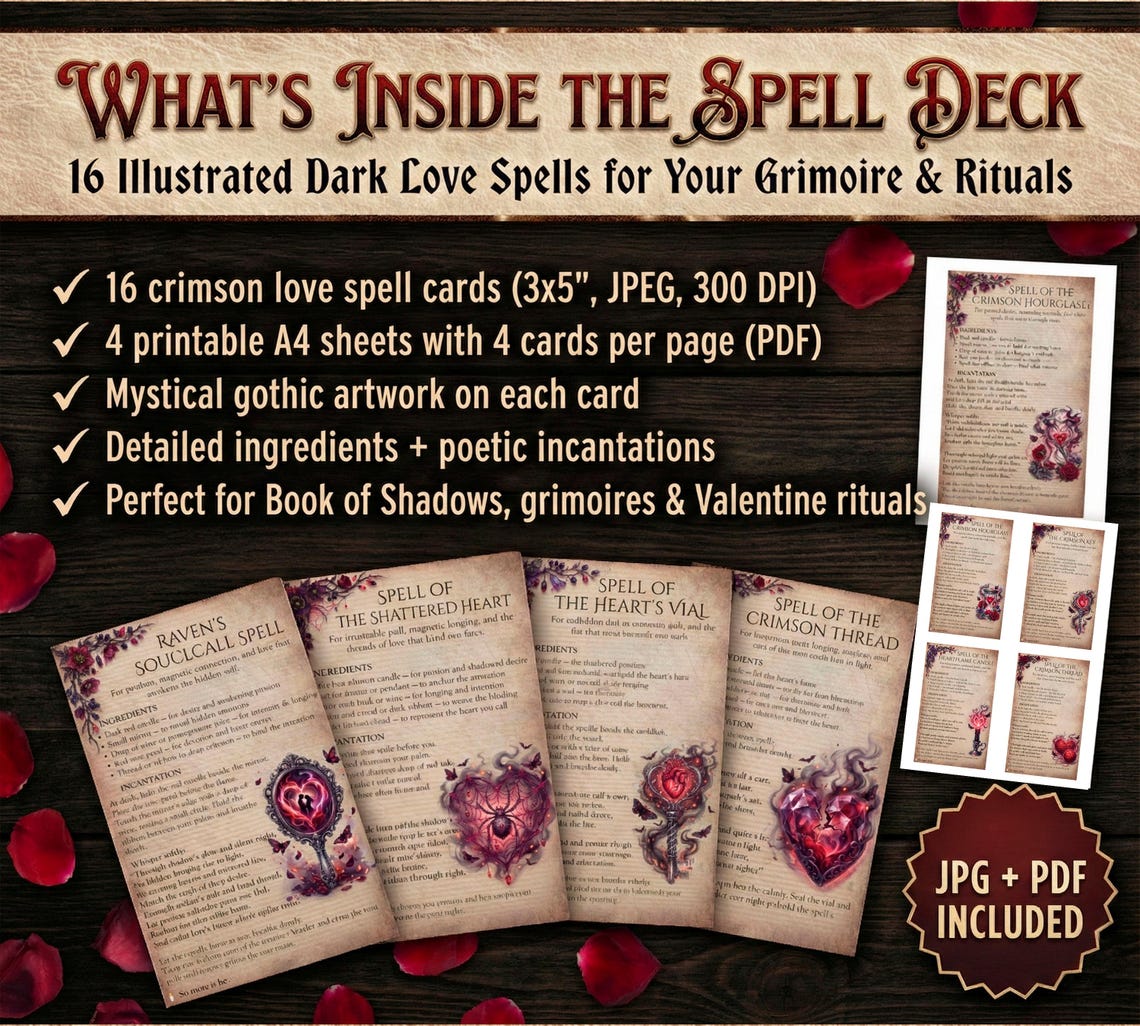Dark Love Spell Cards • 16 Crimson Romance Spells • Gothic Grimoire ...