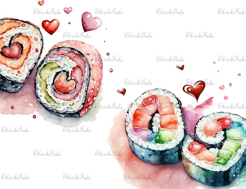 Love Sushi, Valentine's Day, Watercolor Clipart, Sublimation ...