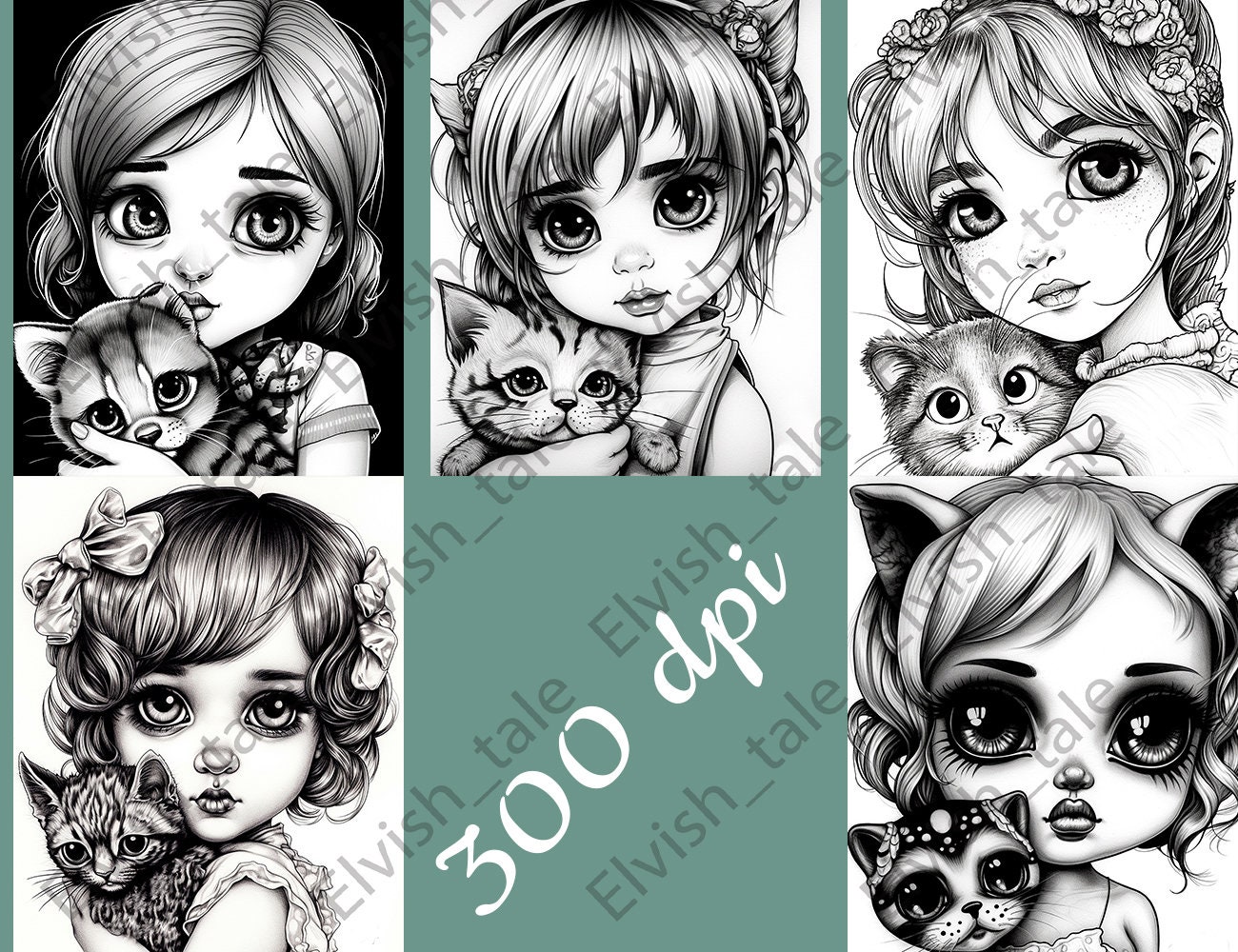 Coloring Book Cute Girls With Cat, Adults + Kids- Instant Download ...