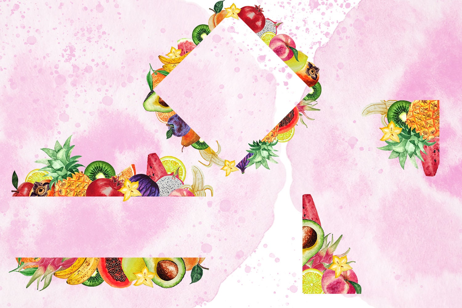 Watercolor Summer Fruits Frames Clipart Digital, Tropical, Freshness ...