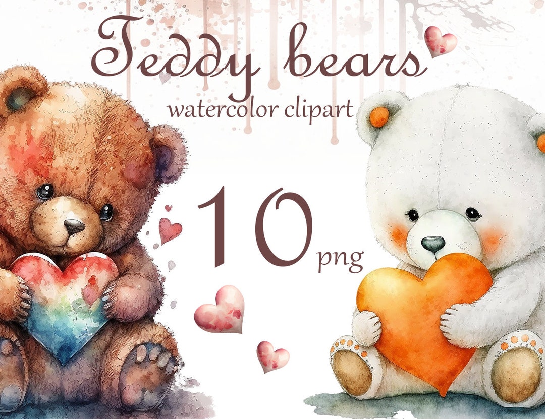 Watercolor Teddy Bears Clipart, Valentine's Day PNG (digital Download ...