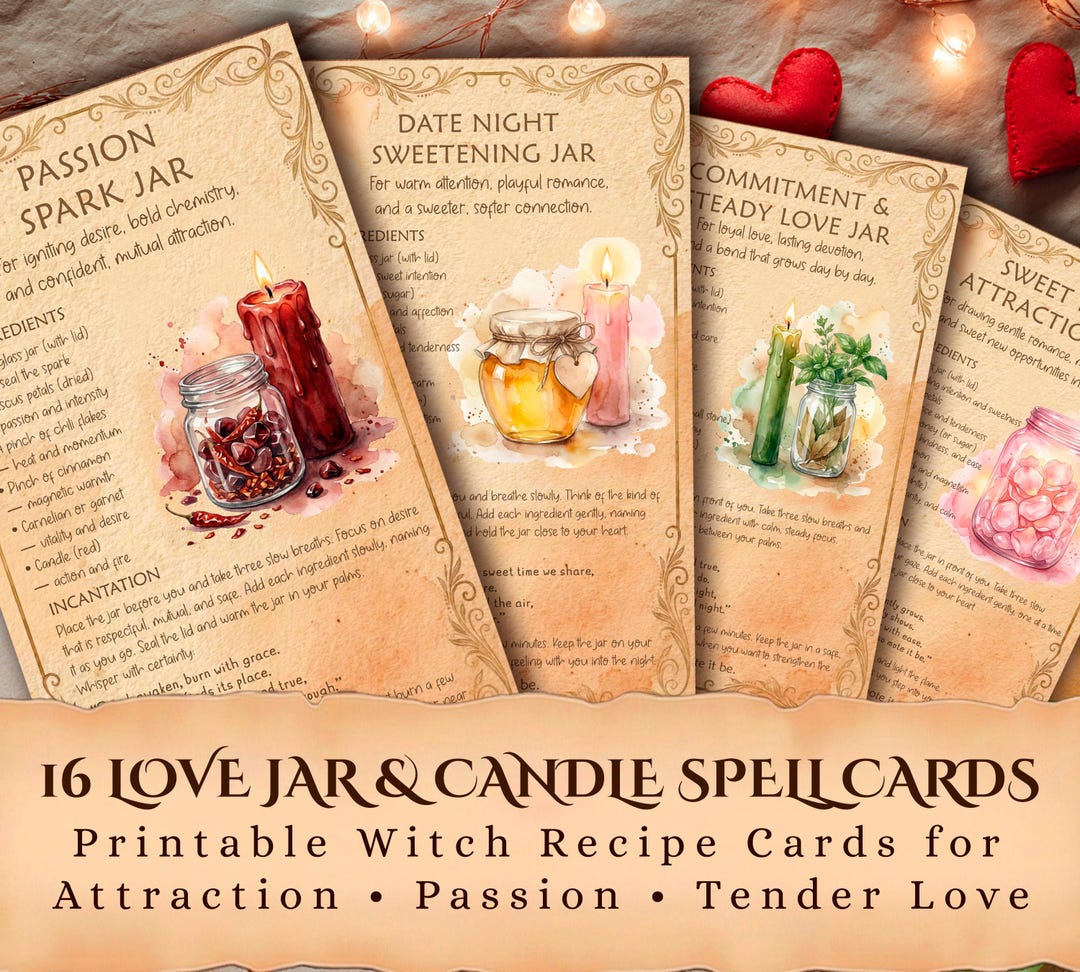 Love Jar & Candle Spell Recipe Cards Printable, Witchcraft Love Spells ...