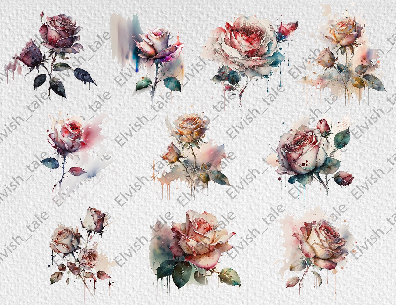 Watercolor Roses Splashes Clipart, Red Splashes, Flower Illustration ...