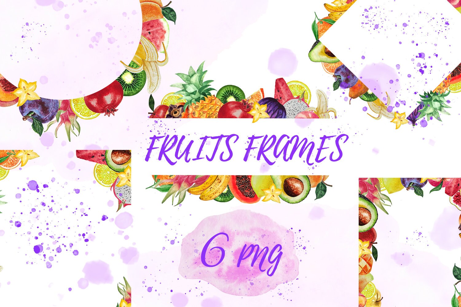 Watercolor Summer Fruits Frames Clipart Digital, Tropical, Freshness ...