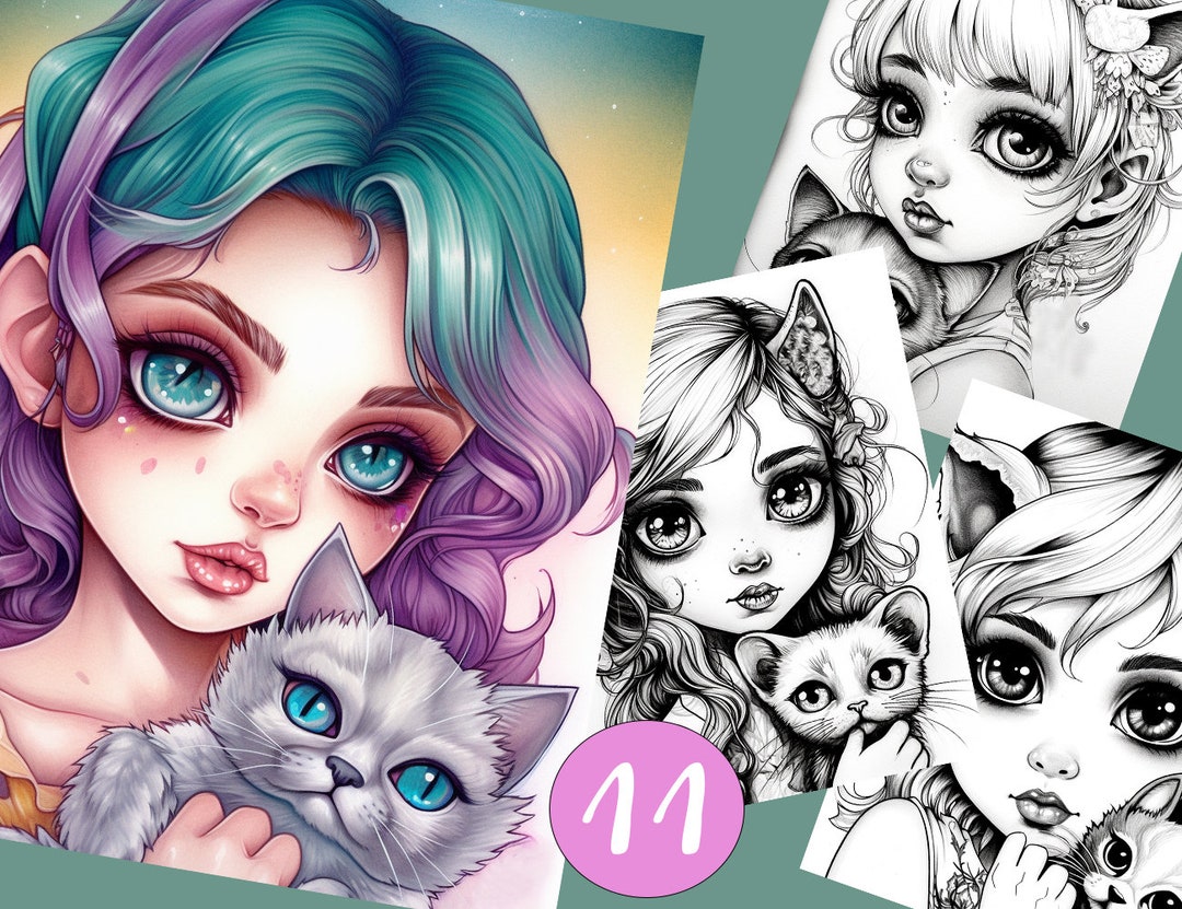 Coloring Book Cute Girls With Cat, Adults + Kids- Instant Download ...
