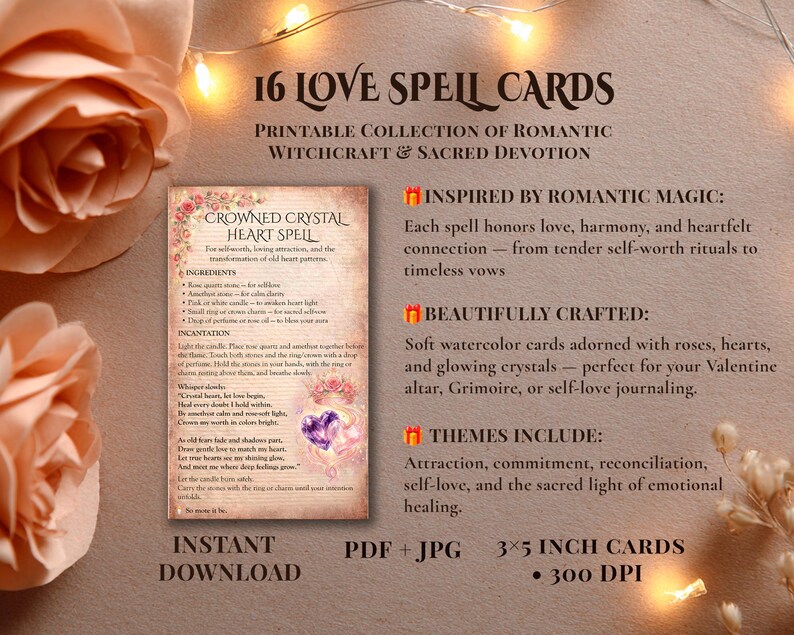 16 Love Spell Cards Printable Romantic Witchcraft Valentine Magic Deck ...
