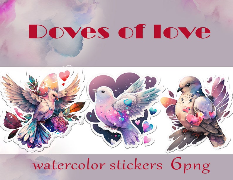 Watercolor Wedding Clipart Stickers Doves of Love,hearts, for Valentine ...