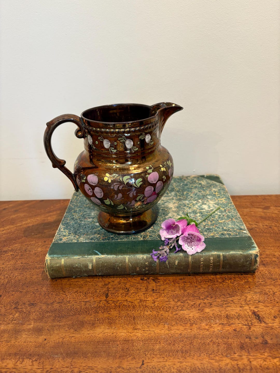 Antique Copper Lustreware Jug in Great Condition - Pretty Pink Floral ...