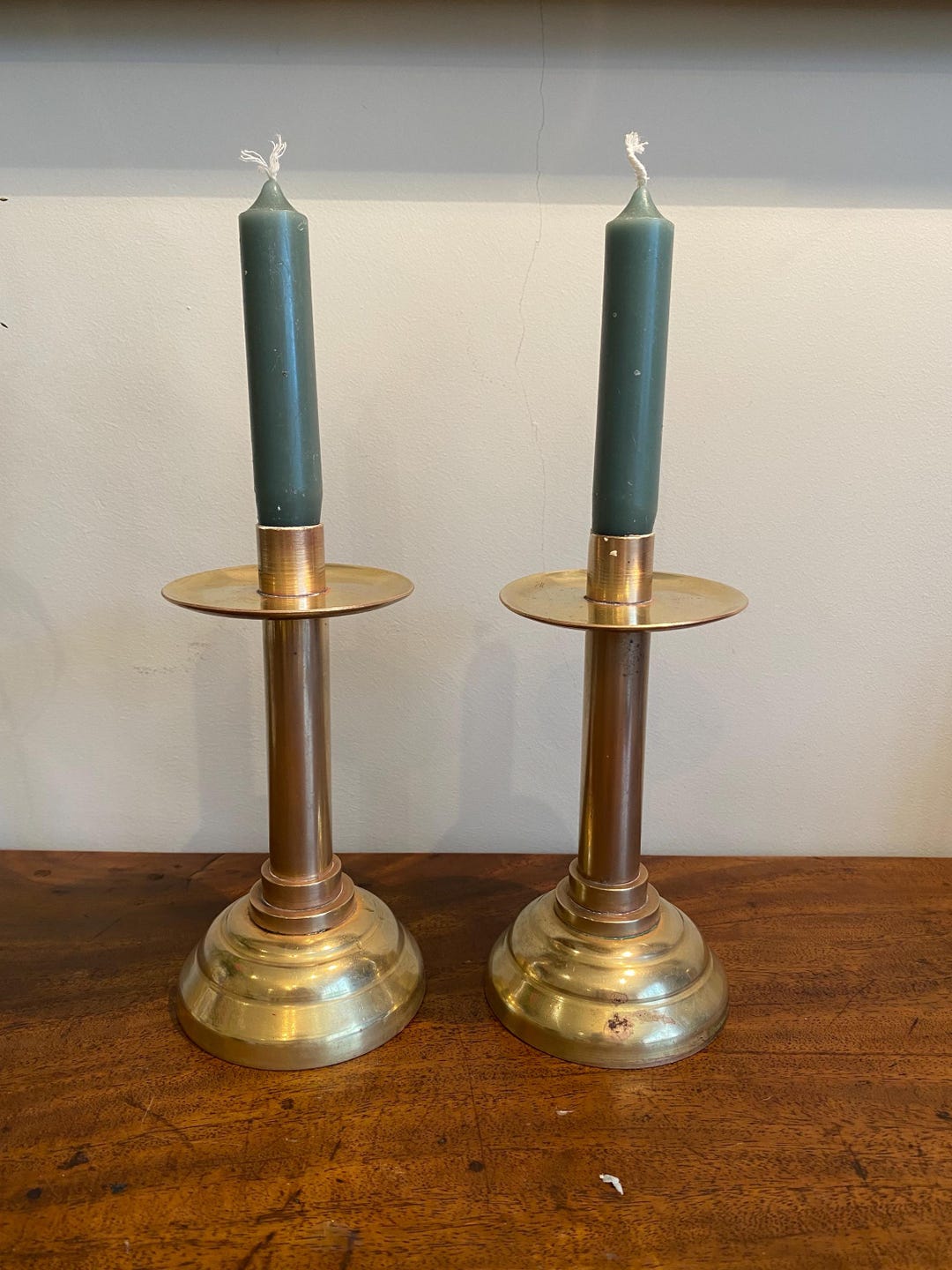 English Vintage Mid-century Two-tone Brass Candlesticks, Pair of ...