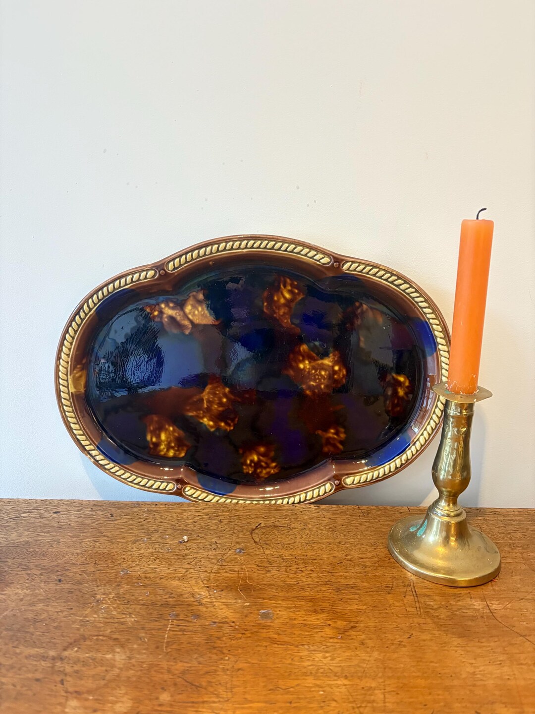 Antique Tortoiseshell Design Majolica Platter in Brown and Blue ...