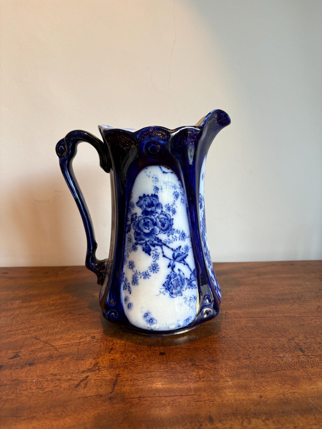 Antique English Flow Blue Medium Size Pitcher With Floral and Gold ...