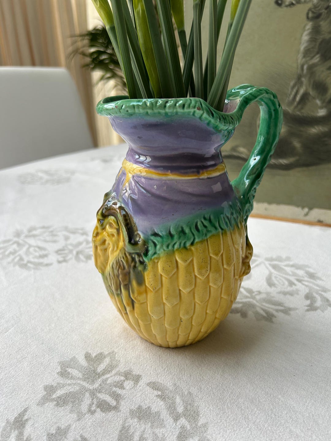 Antique Majolica Rams Head Jug: Yellow, Green & Lavender, English ...