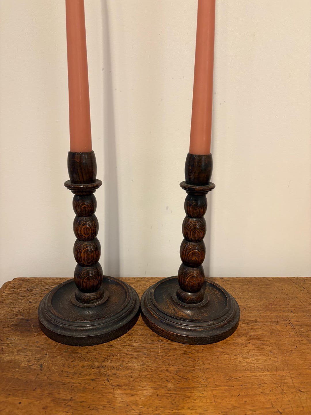 English Vintage Victorian Bobbin Dark Wood Candlesticks, Matching Pair ...