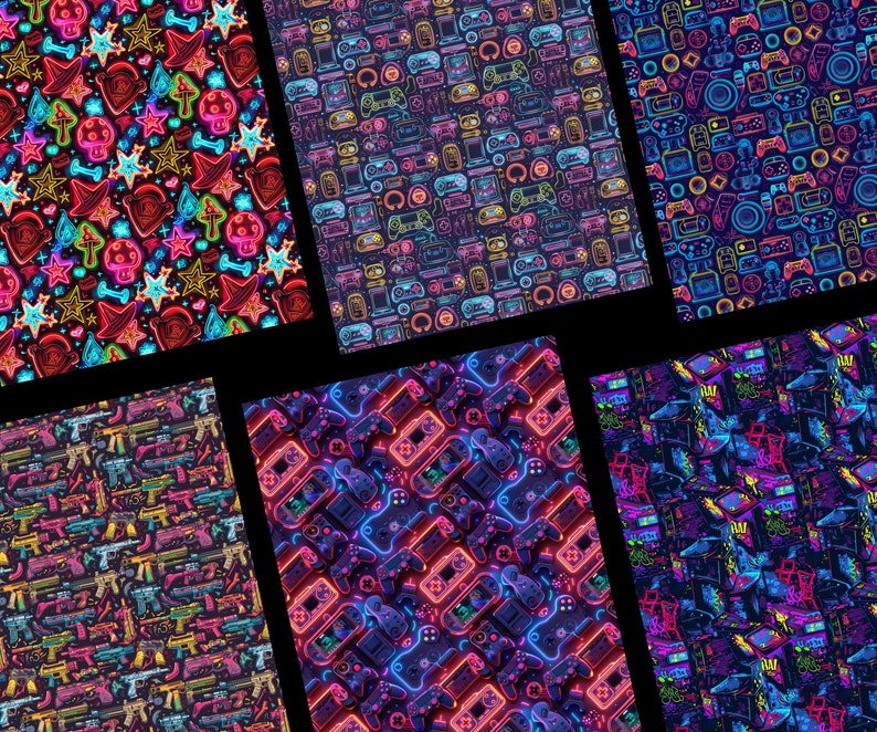 Neon Gamer Seamless Patterns, 20 Gamer Digital Papers, Graffiti ...