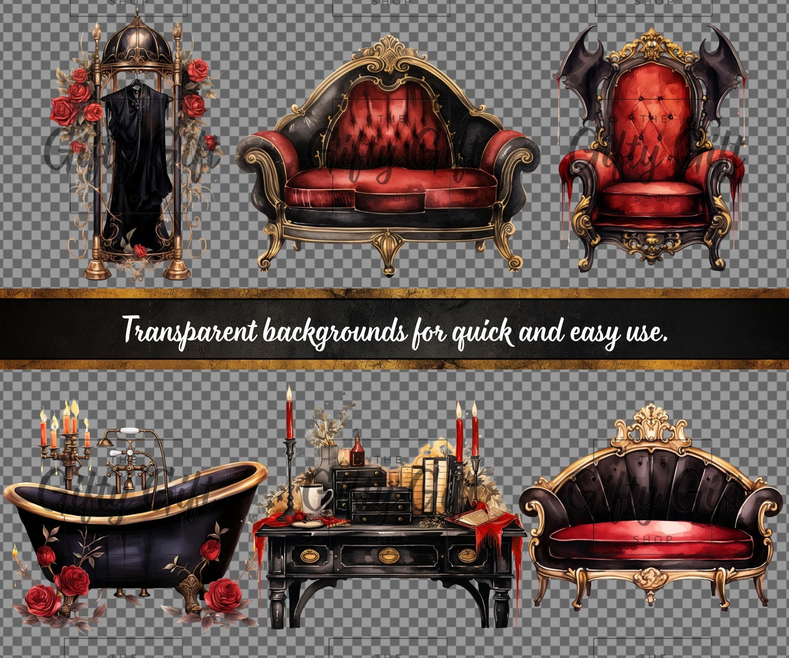 Watercolour Gothic Interior Design Clipart 30 Transparent PNG Files ...