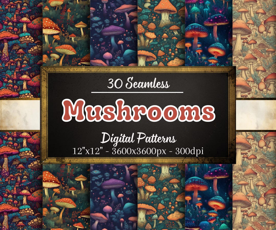 Mushrooms Seamless Patterns, 30 Magical Mushroom Digital Papers, Neon ...