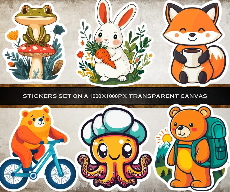 Cute Critters Sticker Pack, 65 Cartoon Animals Digital Stickers, PNG ...