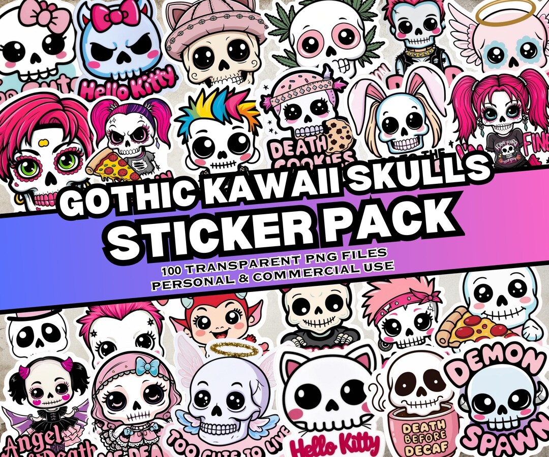 Gothic Kawaii Skulls Sticker Pack, 100 Creepy and Cute Skull Stickers ...