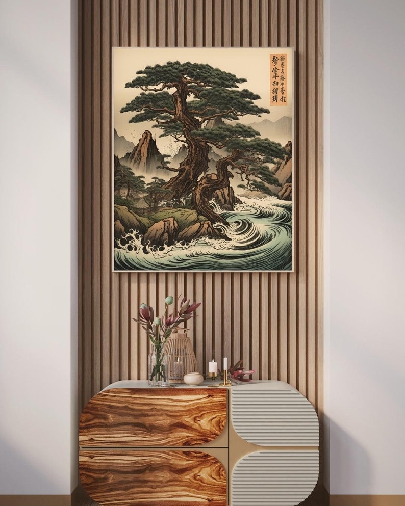 Japanese Digital Wall Art Print, Bonsai Tree & River Vintage Japanese ...