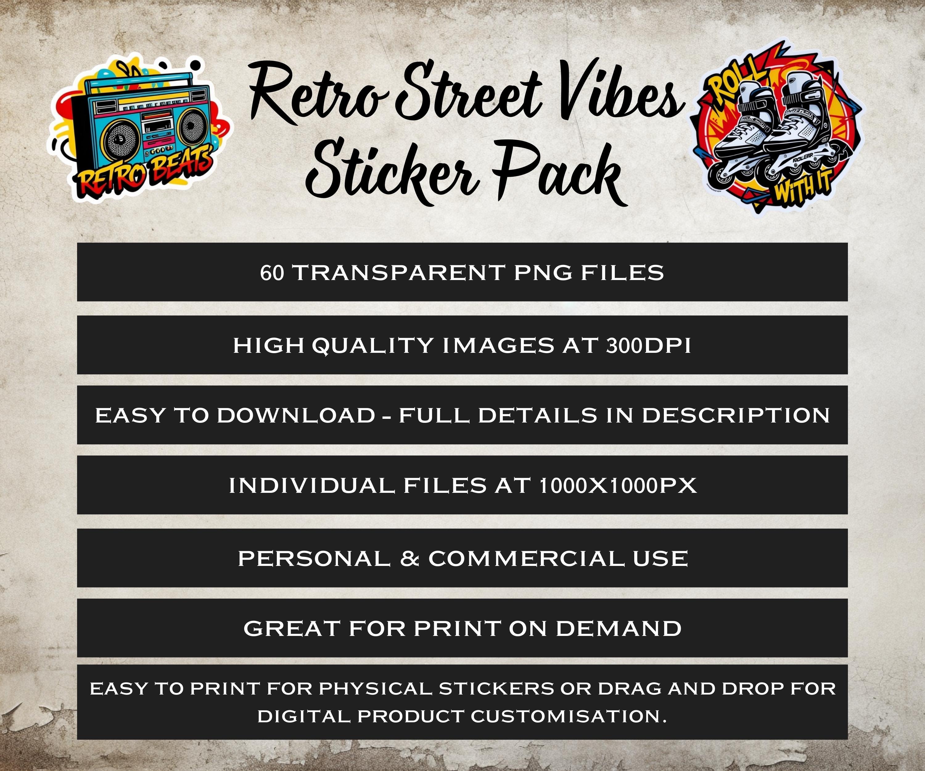 Urban Street Art Sticker Pack, 60 Retro Digital Stickers, PNG Files ...