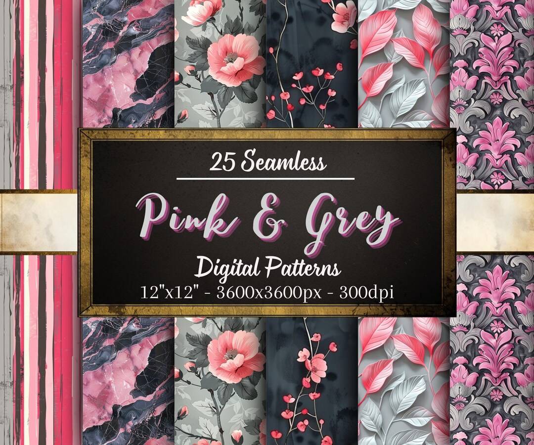 Pink and Grey Seamless Patterns, 25 Digital Papers, Pink and Grey ...