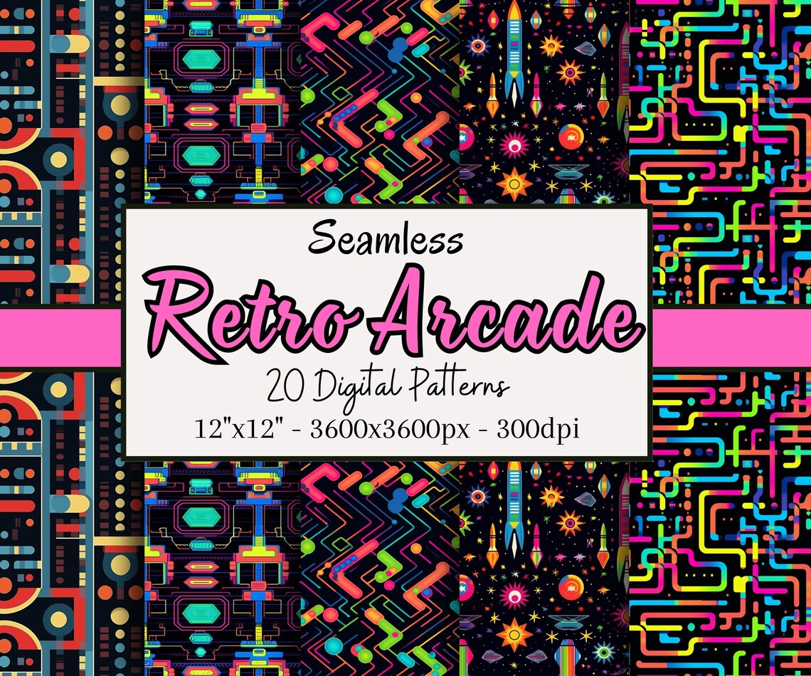 Retro Arcade Patterns, 20 Seamless Digital Papers, Classic Arcade ...