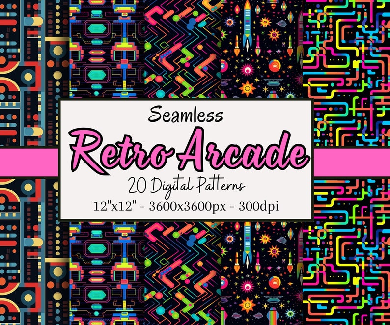 Retro Arcade Patterns, 20 Seamless Digital Papers, Classic Arcade ...