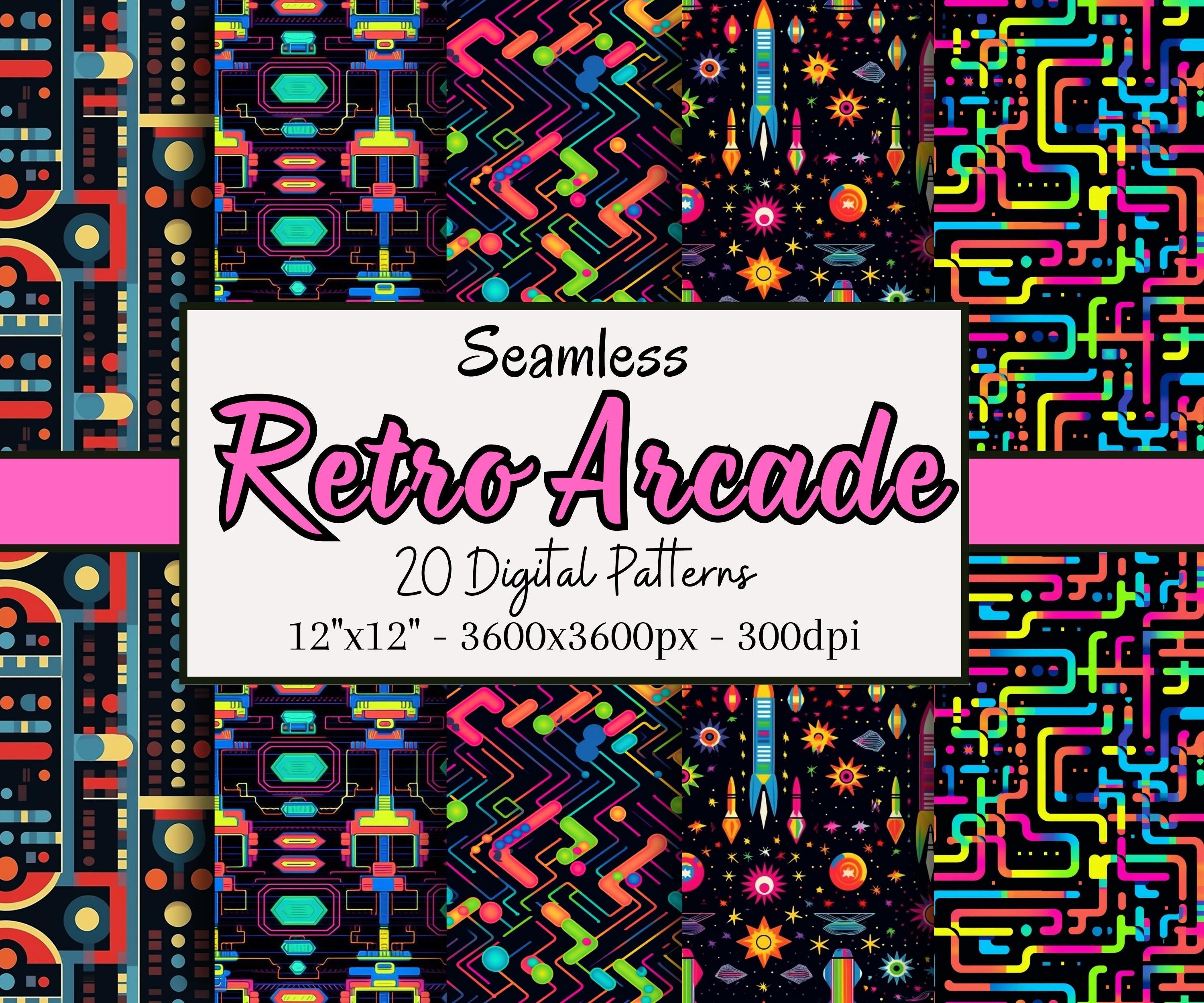 Retro Arcade Patterns, 20 Seamless Digital Papers, Classic Arcade ...