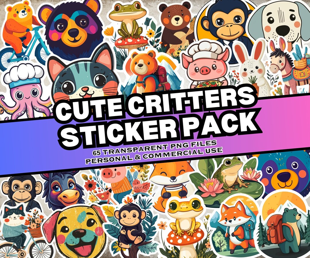 Cute Critters Sticker Pack, 65 Cartoon Animals Digital Stickers, PNG ...