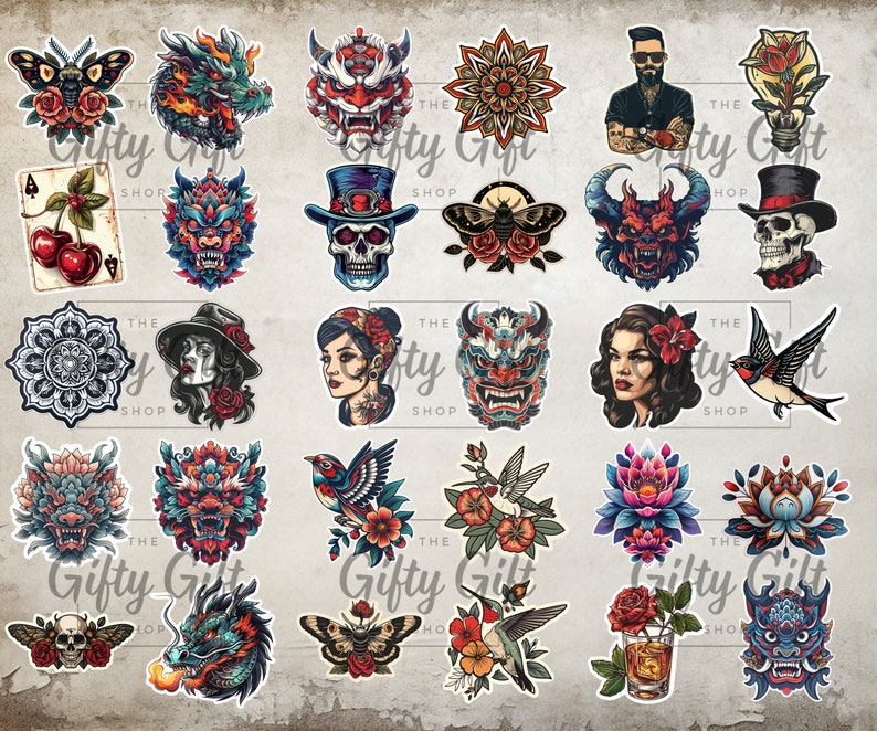 Tattoo Art Sticker Pack, 80 Tattoo Design Digital Stickers, PNG Files ...