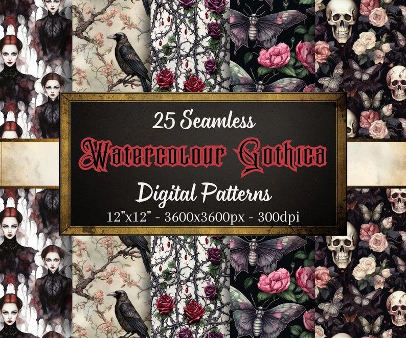 Watercolour Gothic Digital Paper, 25 Seamless Gothic Patterns in ...