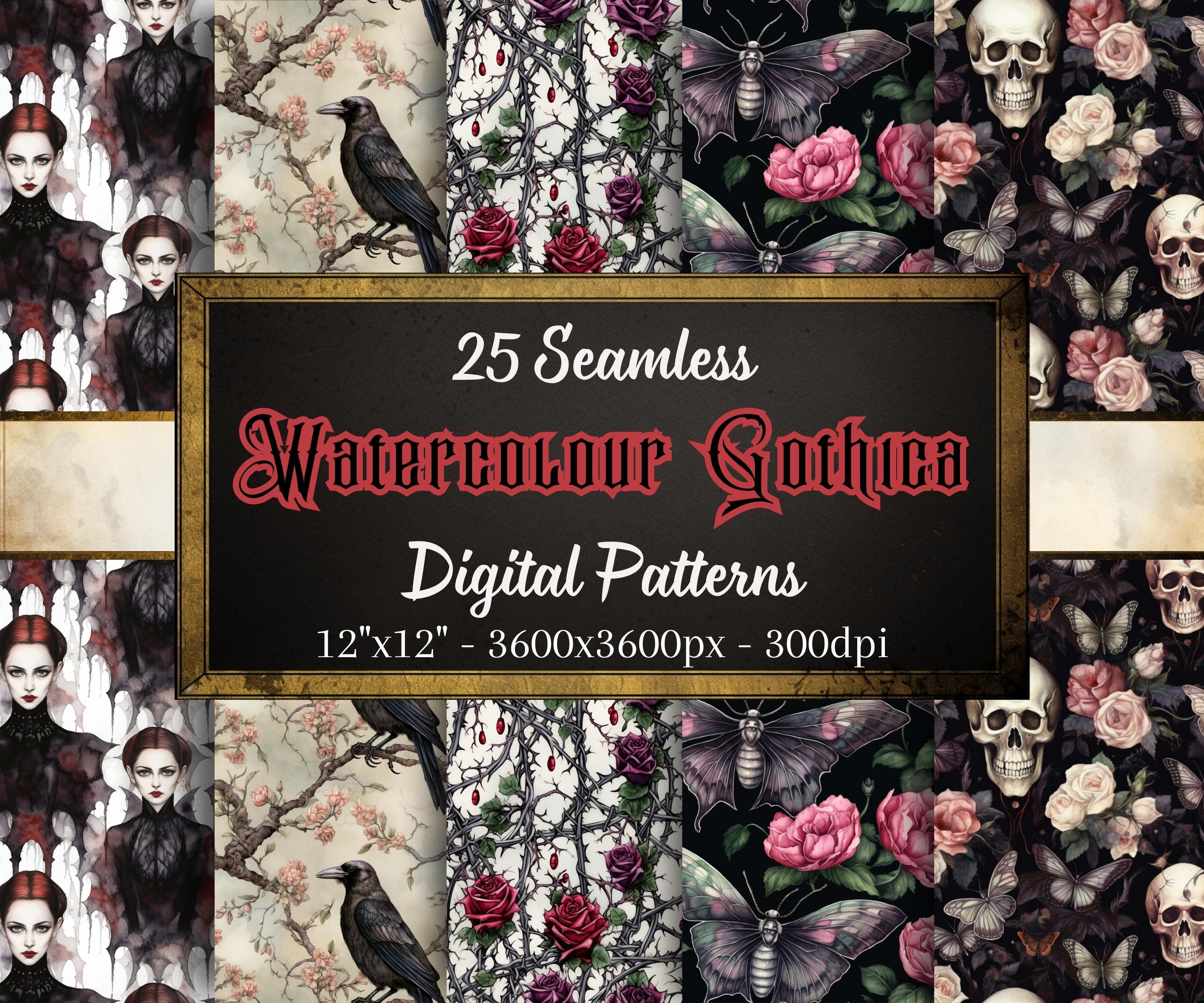 Watercolour Gothic Digital Paper, 25 Seamless Gothic Patterns in ...
