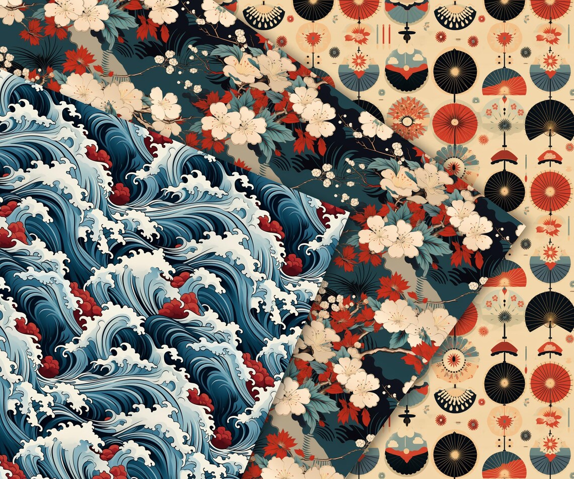 Vintage Japanese Seamless Patterns, 30 Retro Japanese Digital Papers ...