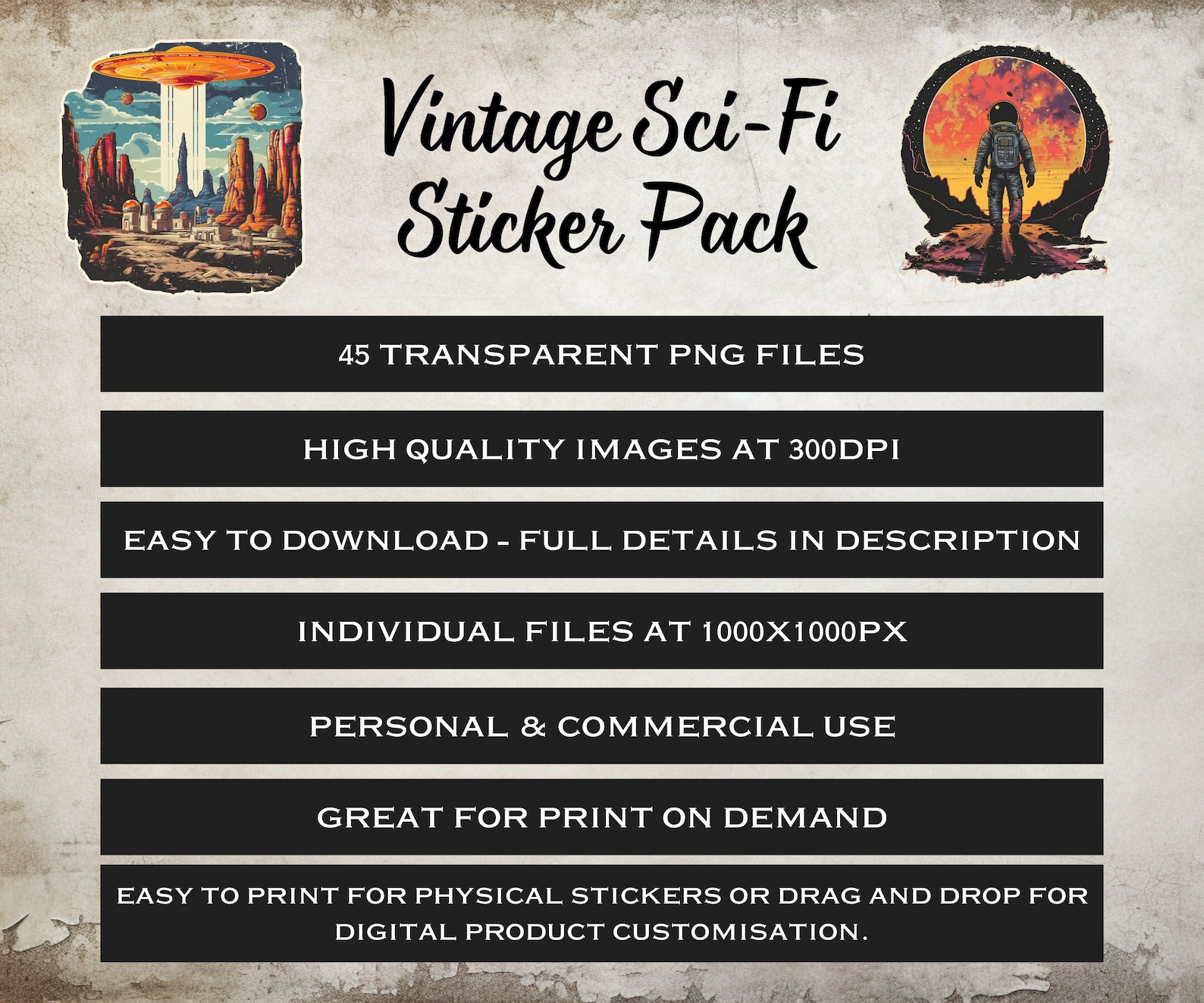 Vintage Sci-fi Sticker Pack, 45 Science Fiction Digital Stickers, PNG ...