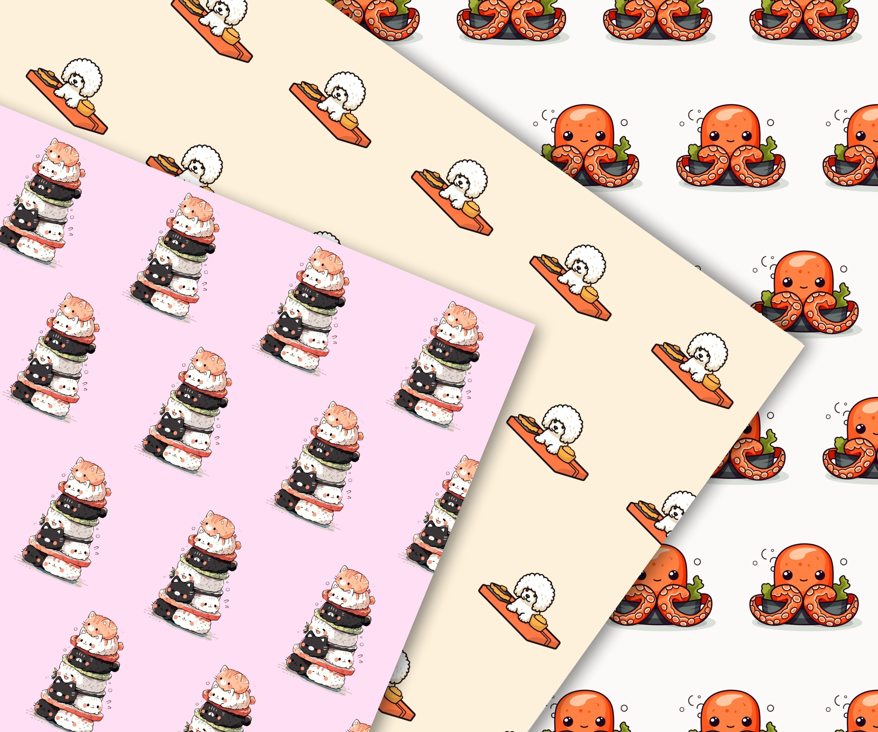 Sushi Pets Chibi Patterns, 20 Cute Chibi Seamless Digital Papers ...