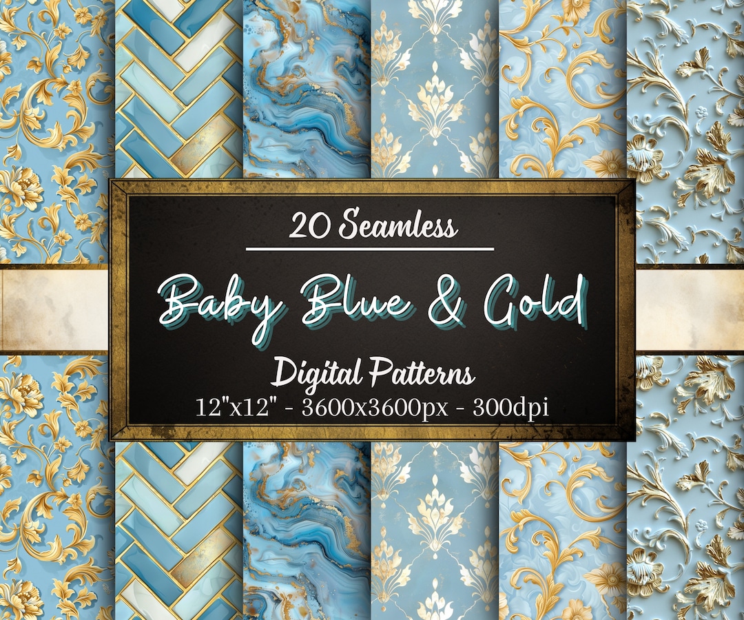 Baby Blue and Gold Seamless Patterns, 20 Blue and Gold Digital Papers ...