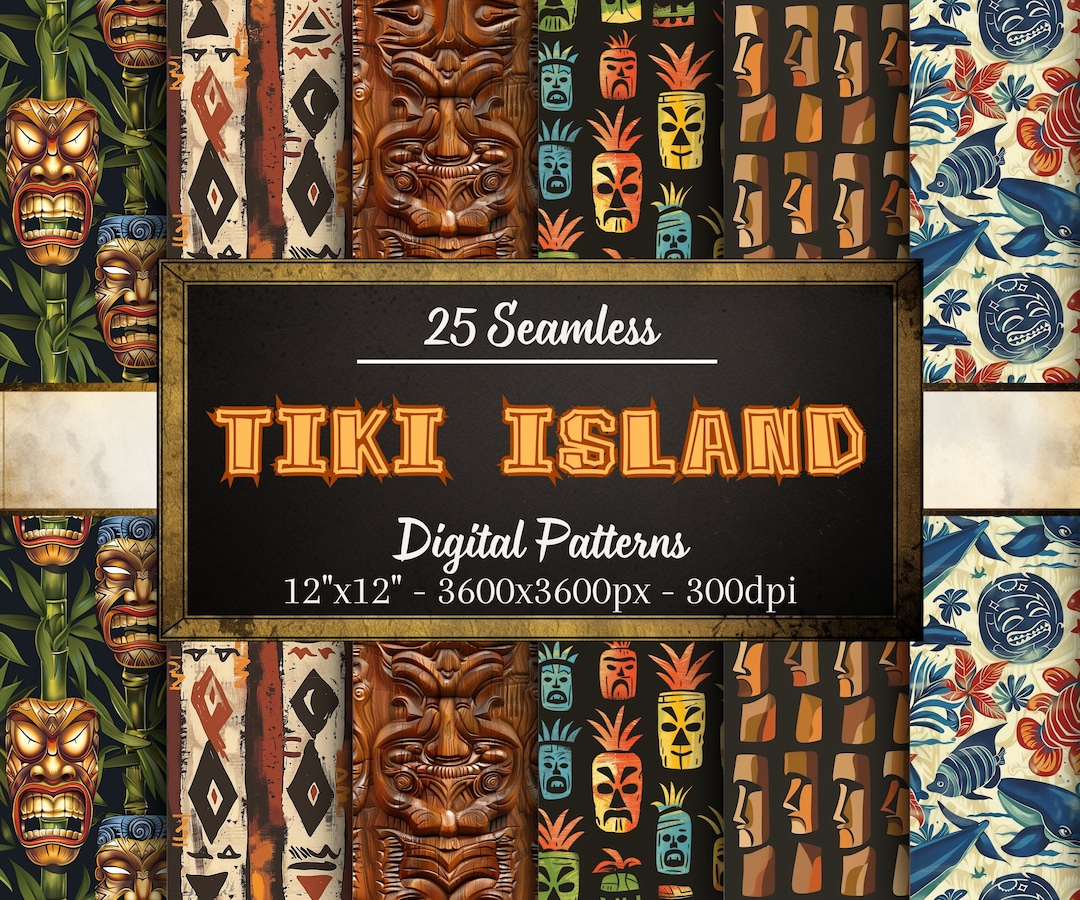 Tiki Island Seamless Patterns, 25 Tiki Themed Digital Papers, Instant ...