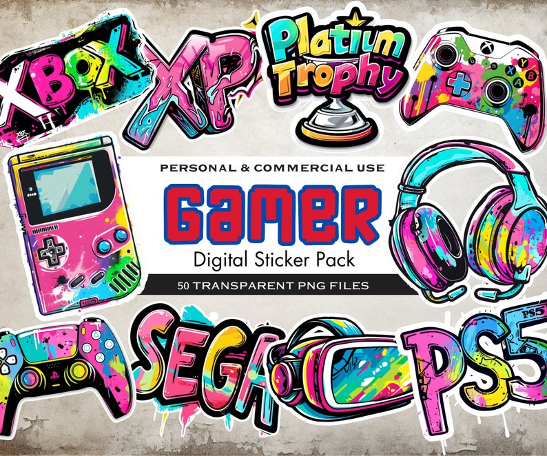 Gamer Sticker Pack, 50 Gamer Themed Digital Stickers, Transparent PNG ...