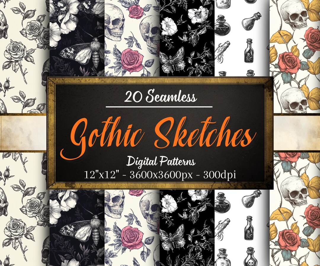Gothic Sketches Seamless Digital Papers – 20 Hand-drawn Art Style ...