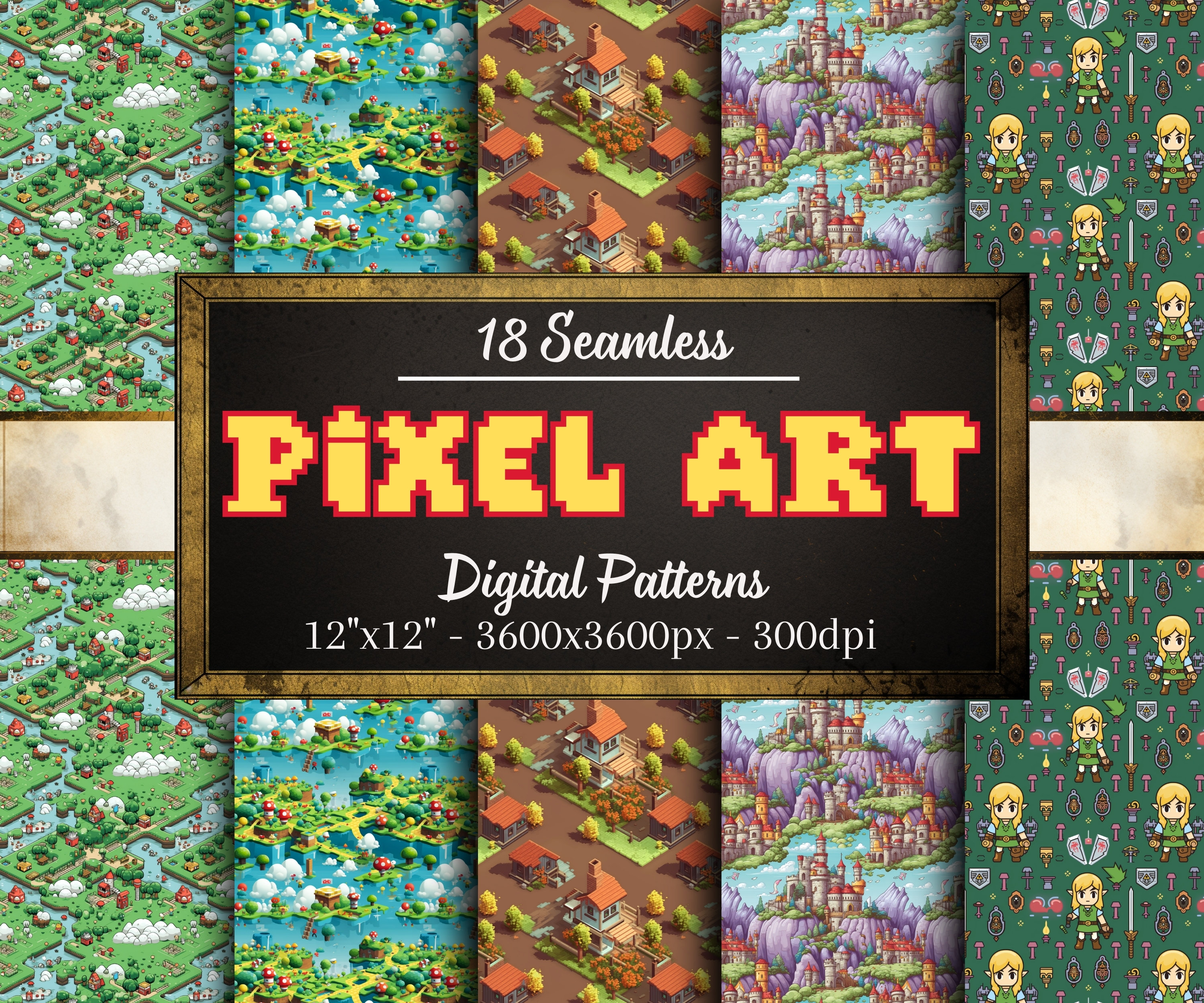 Pixel Art Seamless Patterns, 18 Retro Gamer Digital Papers, Pixel Art ...