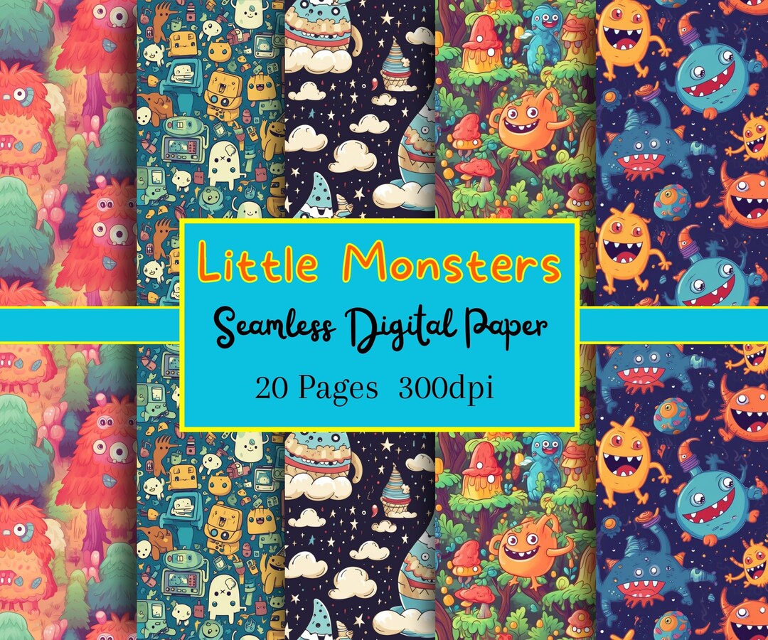 Little Monsters Seamless Patterns Digital Scrapbook Paper Bundle Pack ...