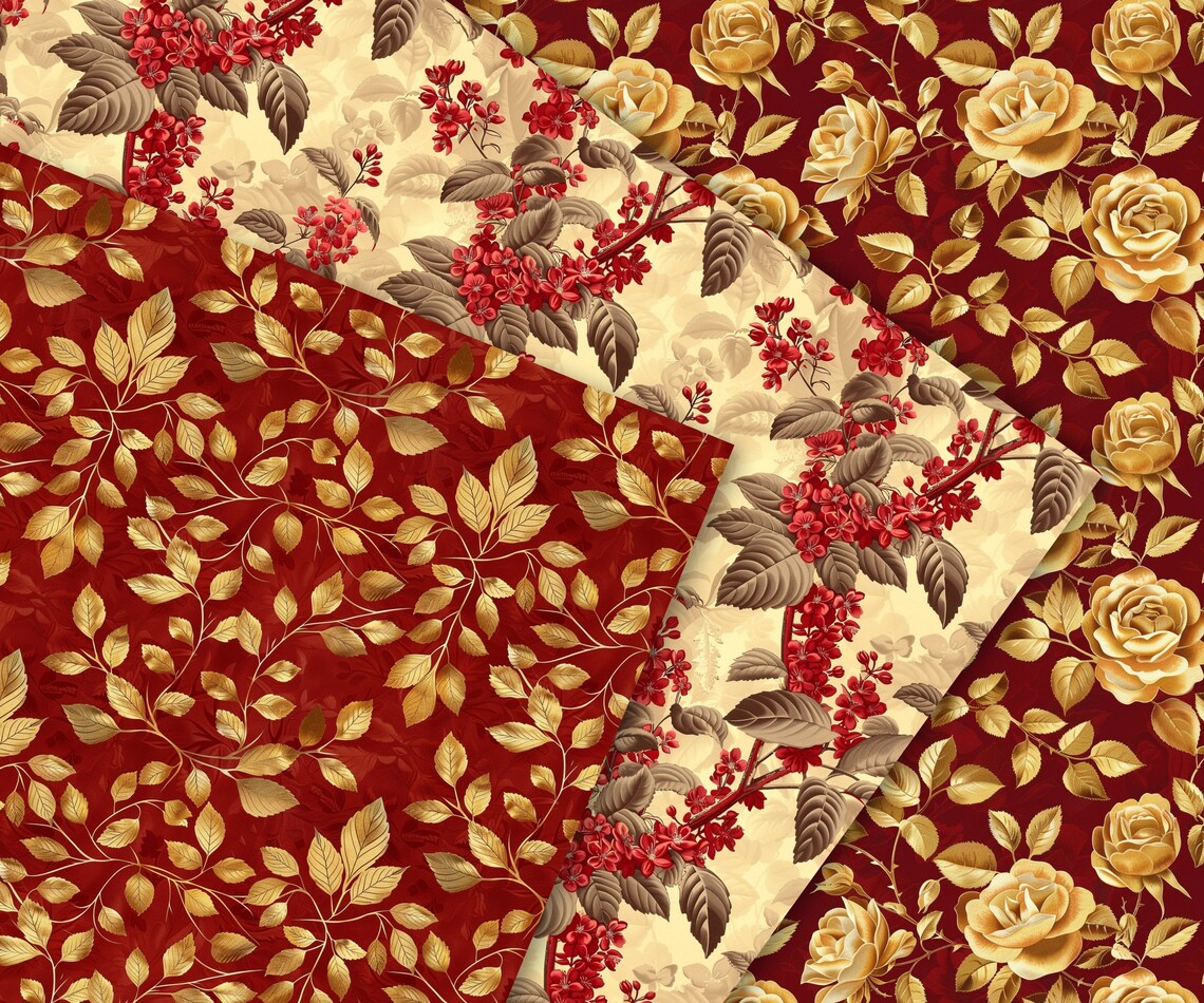 Red and Gold Botanical Seamless Patterns, 20 Botanical Digital Papers ...