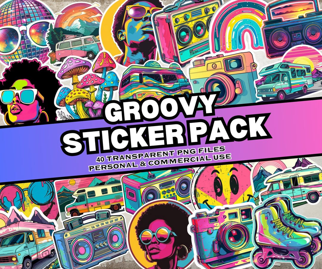 Groovy Sticker Pack, 40 Retro Digital Stickers, Transparent PNG Files ...