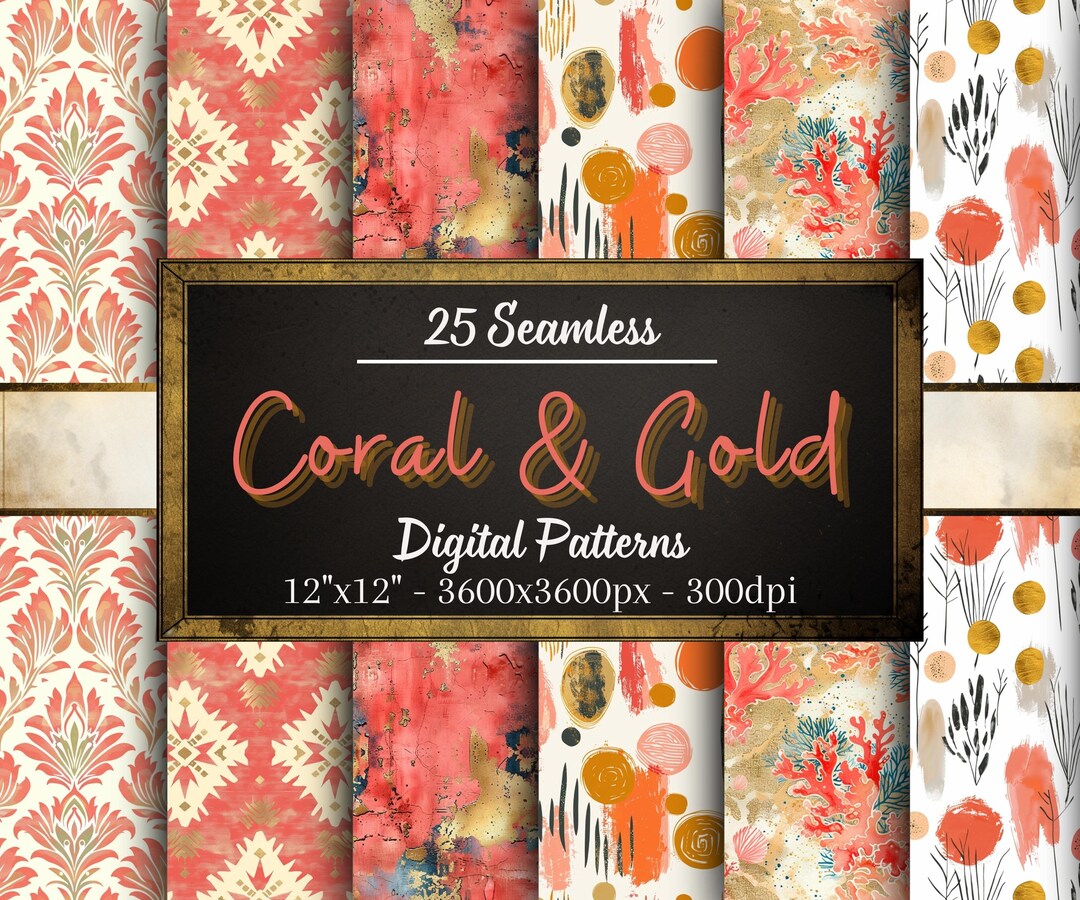 Coral and Gold Seamless Patterns, 20 Digital Papers, Coral and Gold ...