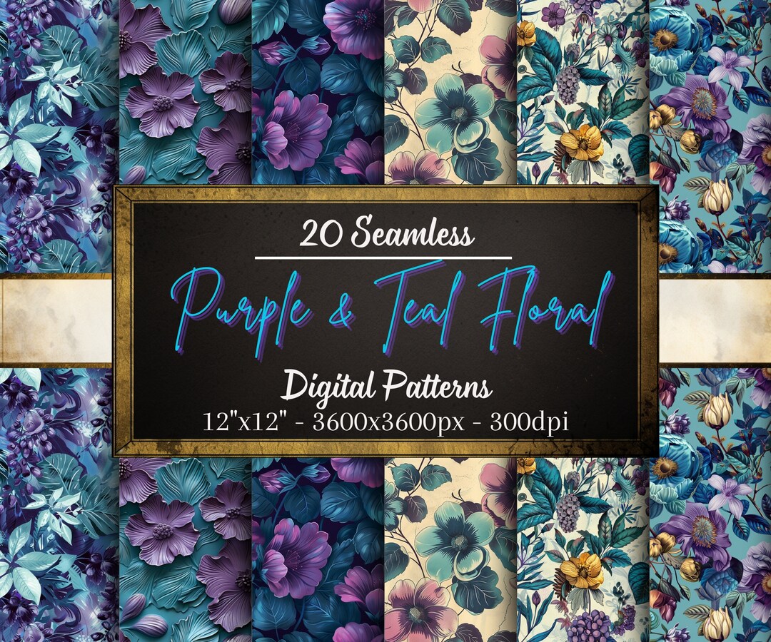 Purple and Teal Floral Digital Patterns, 20 Botanical Seamless Papers ...