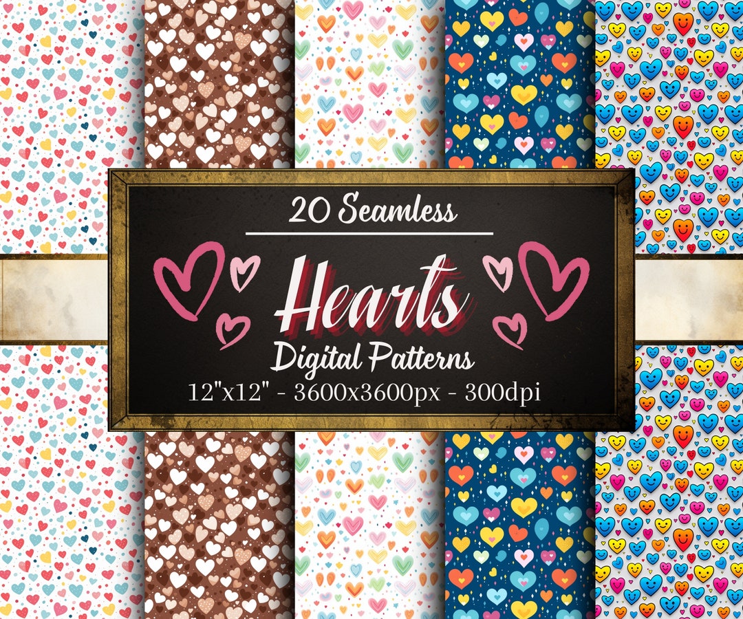 Hearts Patterns, 20 Seamless Colourful Hearts Digital Papers, Instant ...