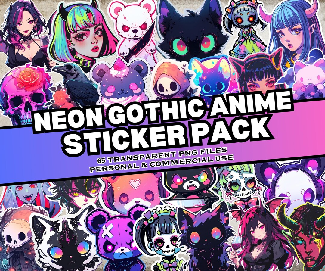 Anime Sticker Pack, 65 Neon Gothic Anime Stickers, Gothic Stickers ...