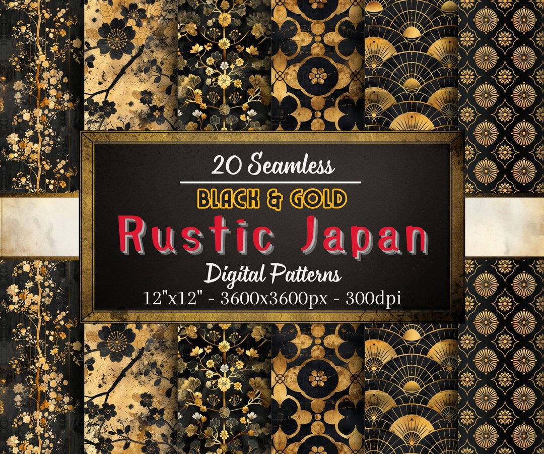 Black and Gold Japan Seamless Patterns, 20 Rustic Japanese Digital ...