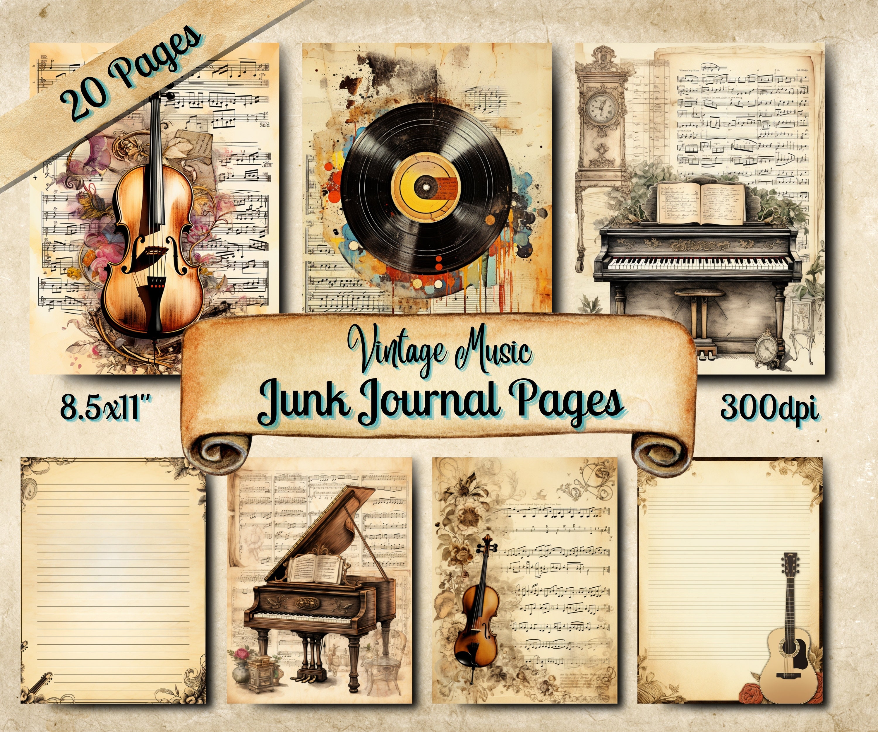 Music Junk Journal, Vintage Scrapbooking Ephemera, 20 Printable Pages ...